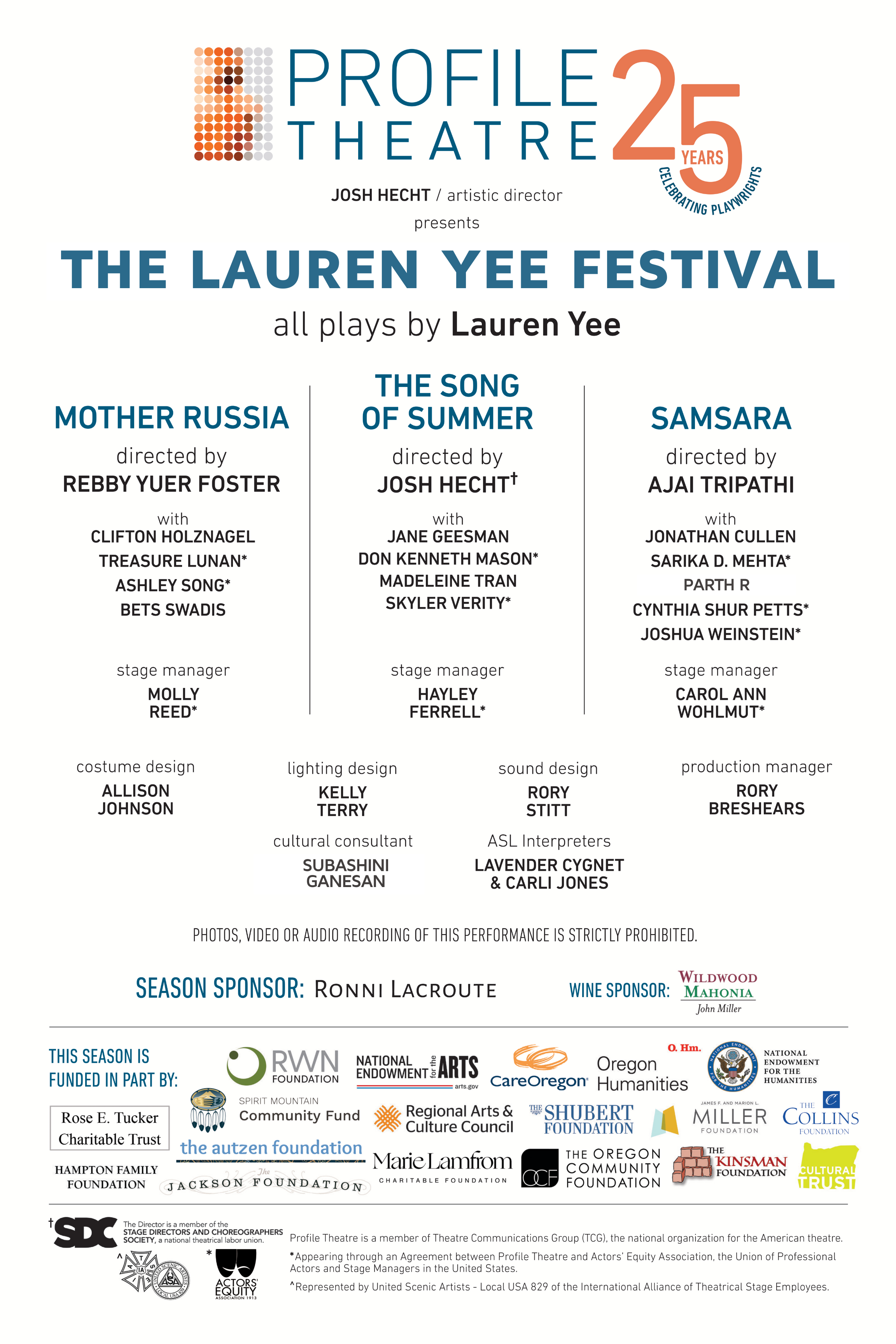 Profile Theatre LAUREN YEE FESTIVAL - Profile Theatre